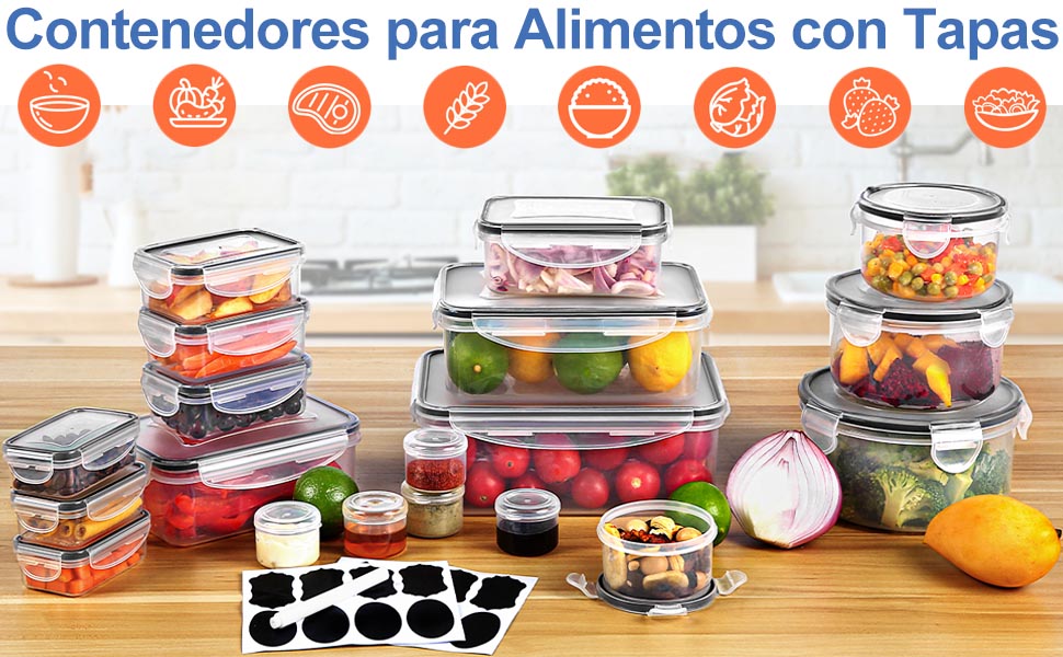 34 Contenedores para Alimentos con Tapas, Juego de Recipientes ...