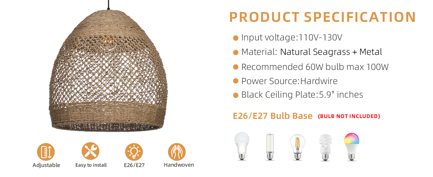 Arturesthome 19.6" Retro Rattan Woven Pendant Light Fixture, Chandelier ...