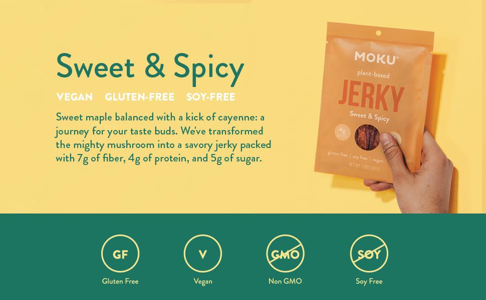 Amazon.com: Moku Plant-Based Mushroom Jerky, Sweet and Spicy (6 Pack) Vegan Beef Jerky, Gluten ...