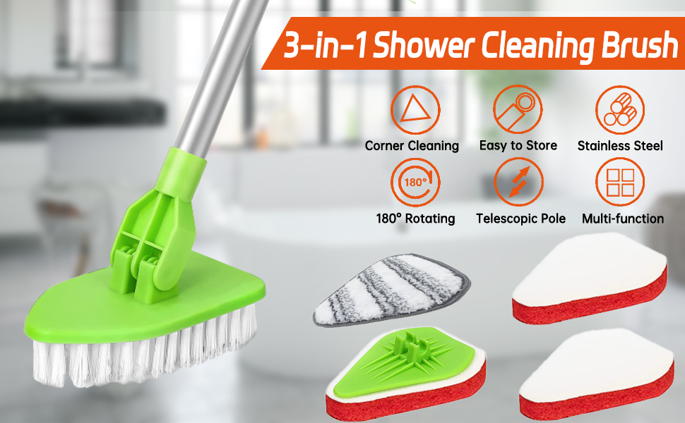 3 in 1 Shower Scrubber with Adjustable Long Handle, Bathroom Tile ...