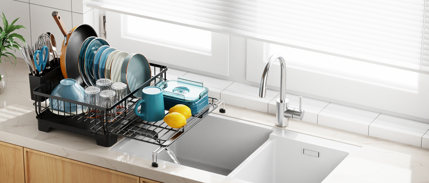 GSlife Dish Drying Rack with Drainboard - Expandable 2-in-1 Dish Racks for Kitchen Counter and ...