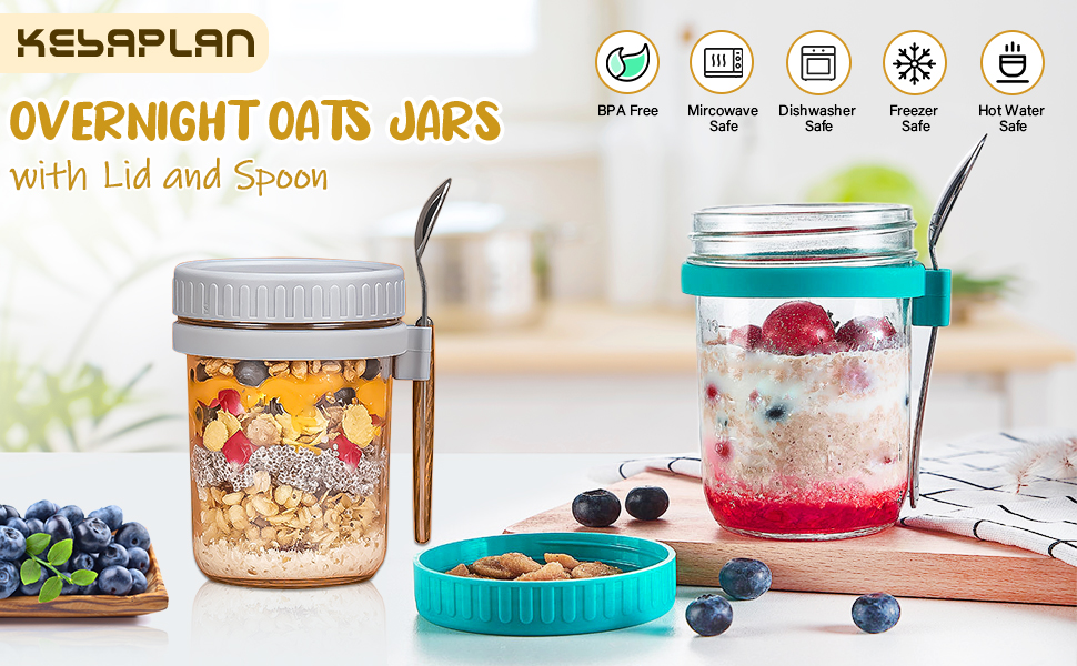 Amazon.com: KesaPlan Overnight Oats Containers with Lid and Spoon Set of 2, 10 oz Large Airtight ...