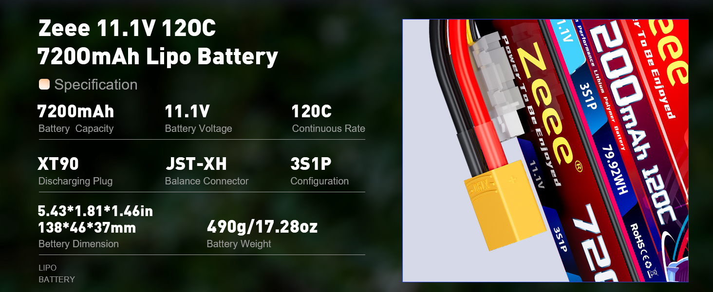 Amazon.com: Zeee 3S Lipo Battery 7200mAh 11.1V 120C Hard Case RC Battery with XT90 Connector for ...