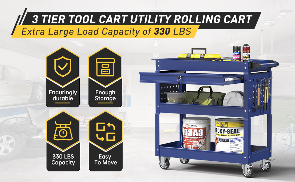 Amazon.com: 3 Tier Tool Cart on Wheels with Drawer,Rolling Tool Cart on Wheels with Lockable ...