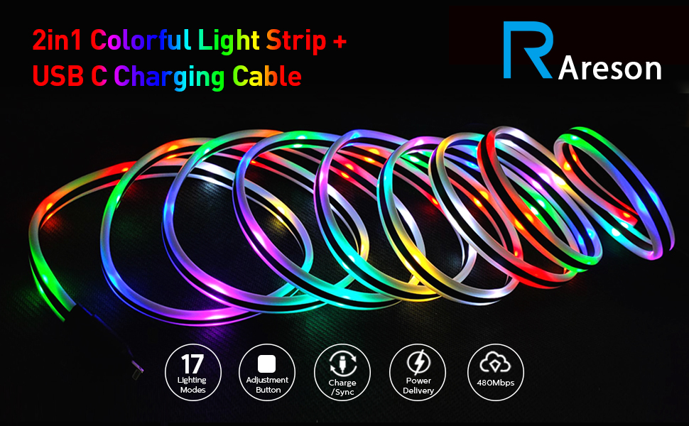 Amazon.com: 2in1 USB Type C Cable, LED Light up USB A to Type C Charger Cord with 17 Lighting ...