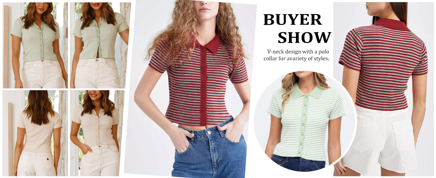 WULFUL Womens Short Sleeve Striped Pullover Sweater Cardigan Ribbed Knit Casual V Neck Shirt ...
