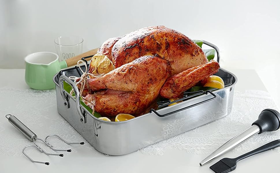 Amazon.com: Kaiihome Roasting Pan with Nonstick Rack - 16 inch Stainless Steel Rectangular ...