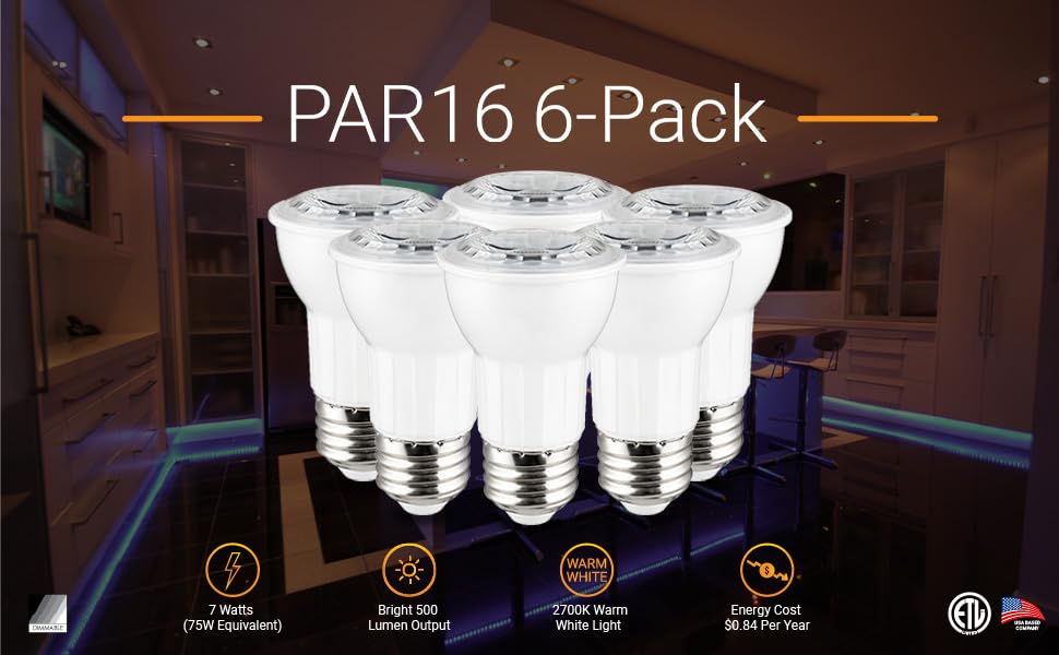 Sunlite 40385 LED PAR16 Long Neck Recessed Spotlight Bulb, 7 Watt, (75W Halogen Replacement ...