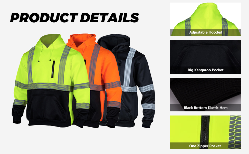 FONIRRA Hi Vis Hoodie for Men Reflective ANSI Class 3 Safety Sweatshirts High Visibility ...