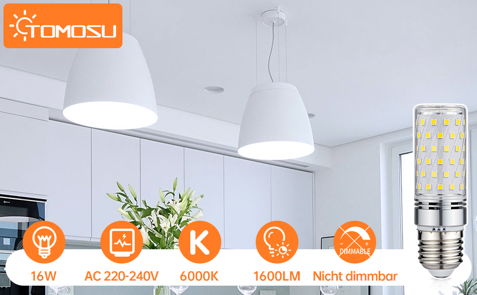 Tomosu E27 LED Kaltweiss 6000K 1600LM, 16W LED Glühbirne E27 ersatz 150W Glühlampe ...