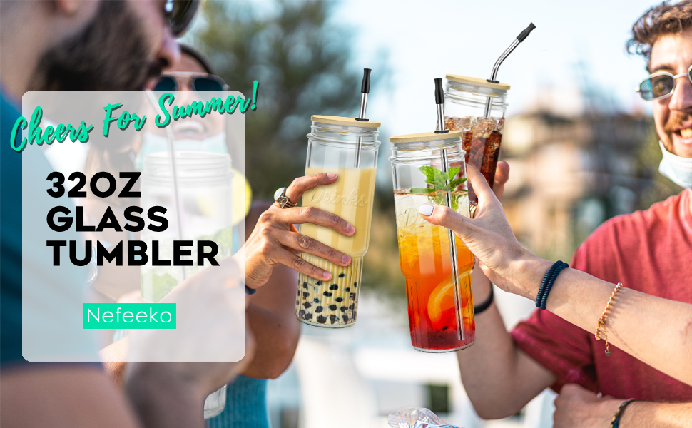 Amazon.com: Nefeeko 32 oz Glass Tumbler with Lid,Reusable Glass Water ...