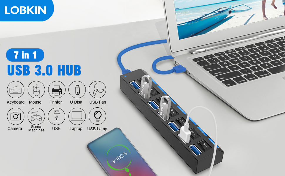 LOBKIN USB Hub 7-Port,Tragbar USB 3.0 Hub mit Einzelnen LED-Netzschaltern fur Laptop, PC ...