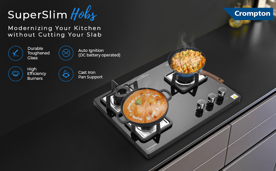 Crompton SuperSlim 60cm 3 Burner Hob with Auto Ignition, Brass Burners and Toughened Glass Top ...