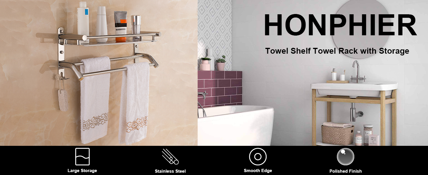 HONPHIER®Handtuchhalter Chrom Handtuchstangen Edelstahl mit Regal und Haken Handtuchstange Bad ...