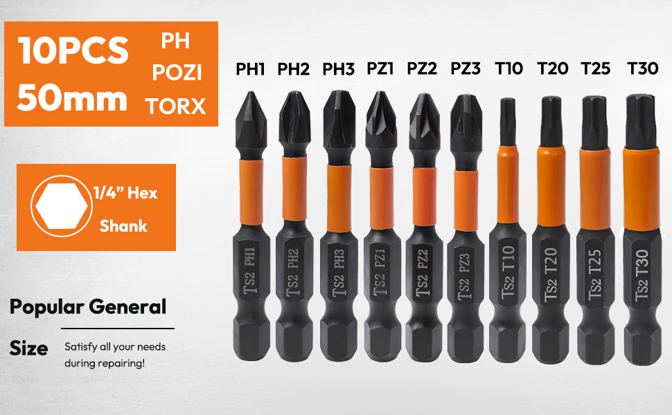 Saipe 10pcs Magnetic Phillips PoziDriv Torx Screwdriver Bit Set, 50mm/2" Long Impact Driver Bits ...