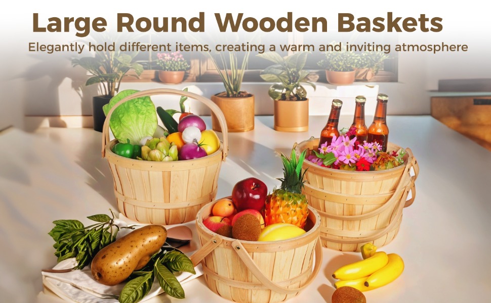 Amazon.com: 11 x 6.5'' Large Round Wooden Basket Fruit Baskets, 6 Pcs Handmade Bushel Baskets ...