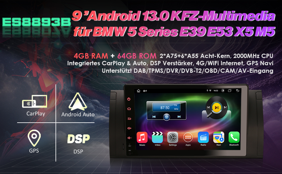 Erisin 9 Zoll Android 13 8-Kern Autoradio Mit GPS Navi für BMW 5er E39 X5 E53 M5 Touchscreen ...