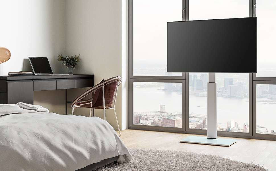 FITUEYES Supporto da pavimento per TV bianco da 32 a 60 pollici Supporto TV angolare sottile con ...