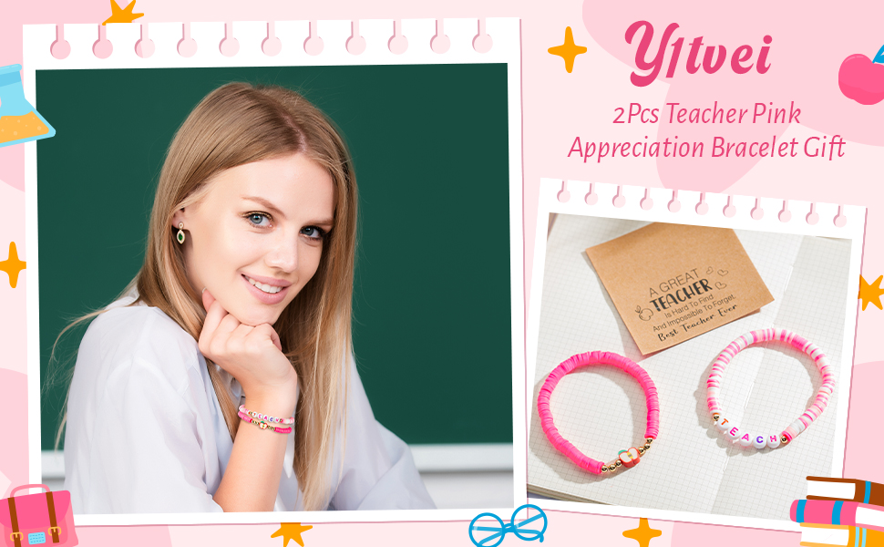 Amazon.com: Y1tvei 2Pcs Teacher Appreciation Bracelet Gift Stackable Teach Apple Beaded Heishi ...