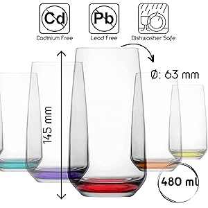 LAV Premium Drinking Glasses Set of 6 with Colored Ball, Tall Glass Tumbler 480ml, 100% LEAD ...