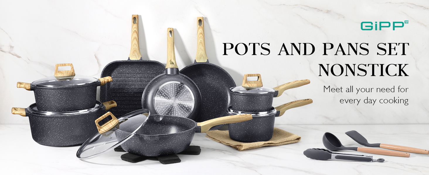 Amazon.com: GiPP 21Psc Pots and Pans Set Non Stick - Grey Granite Kitchen Cookware Sets Nonstick ...