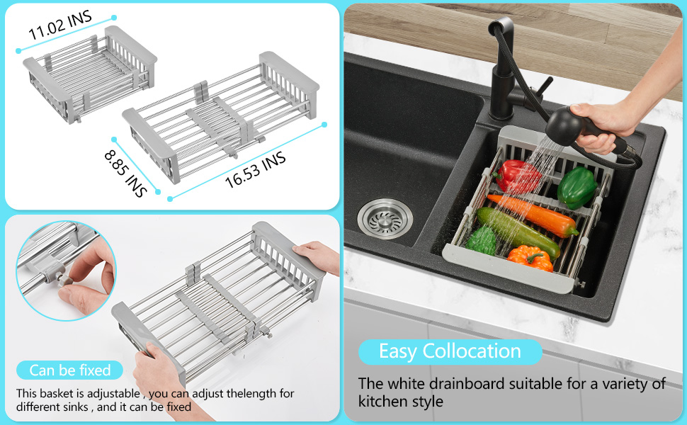 Amazon.com: Fifeyor Kitchen Extendable Over the Sink Colander Strainer Basket Kitchen sink ...