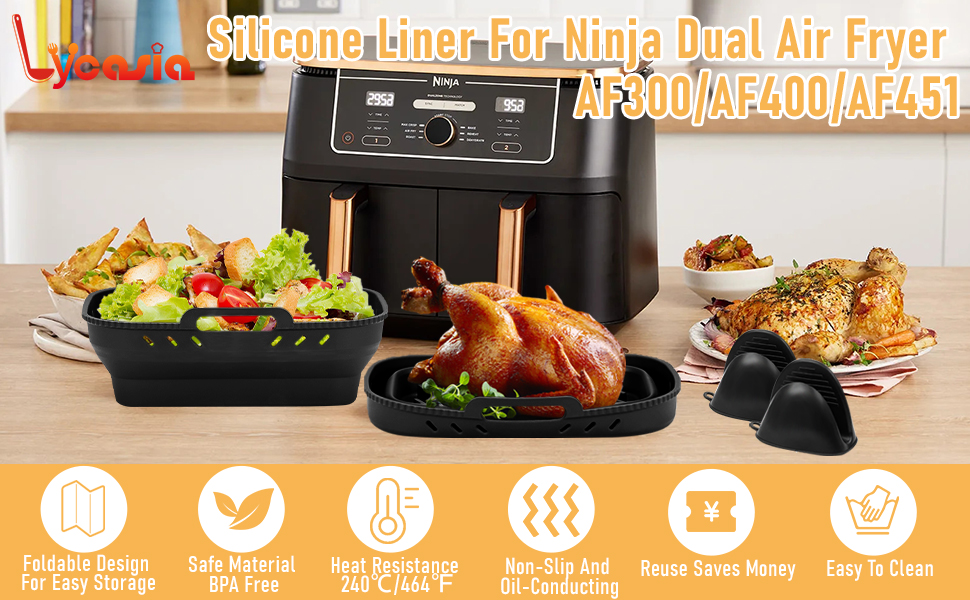 Silicone Air Fryer Liner for Ninja Dual Pot, Lycasia 2 PCS Reusable Foldable Air Fryer Silicone ...