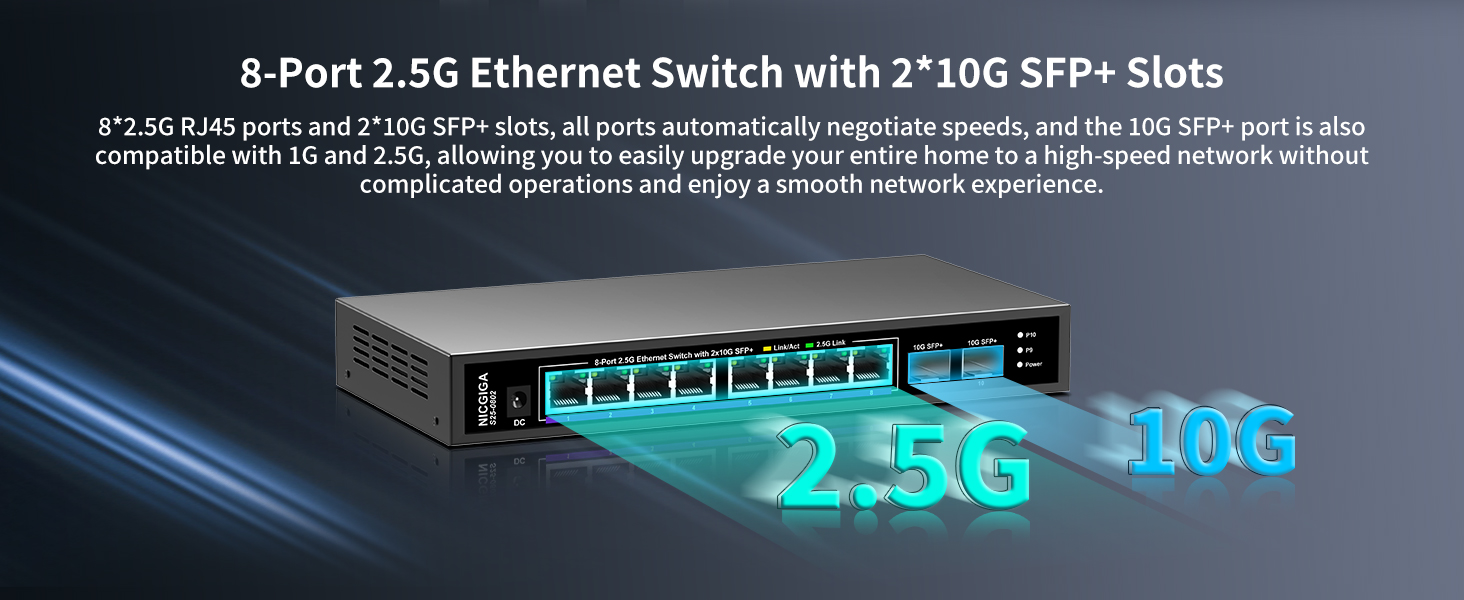 Amazon.com: 10 Port 2.5Gb Unmanaged Ethernet Switch with 8* 2.5G Base-T Ports + 2* 10G SFP+ ...