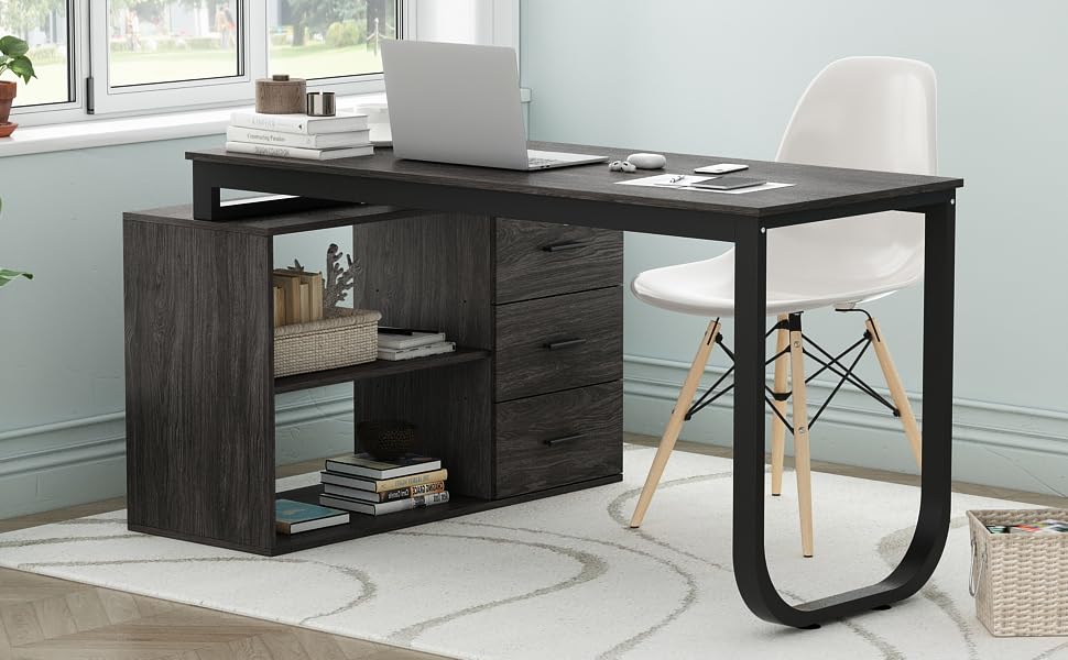Amazon.com: Homsee Home Office Computer Desk Corner Desk with 3 Drawers ...