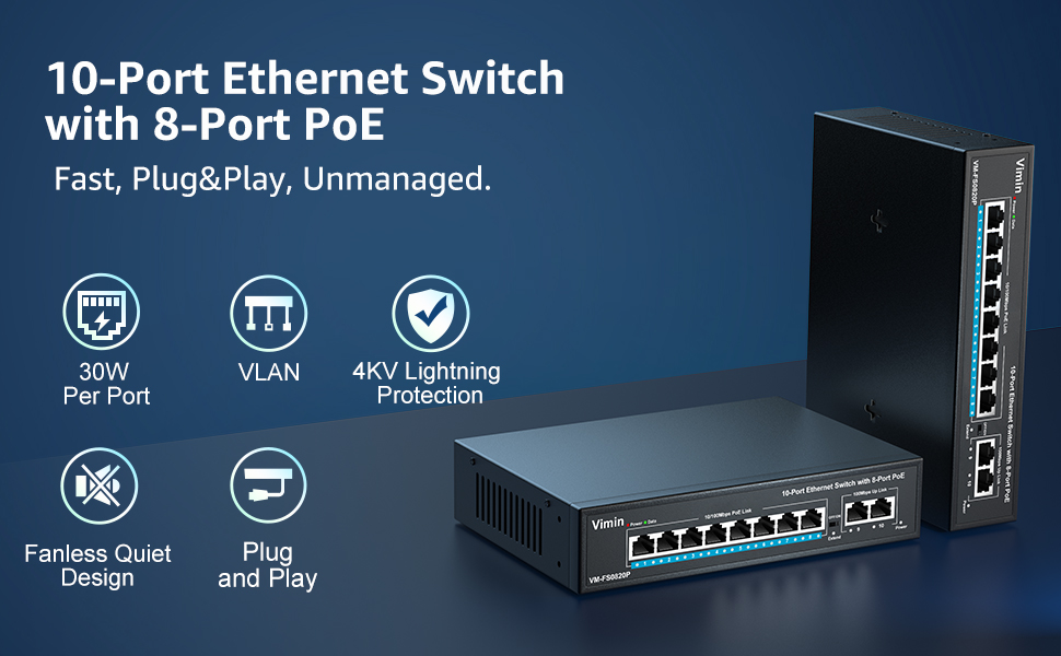 VIMIN 10 Port Fast Ethernet PoE+ Switch with 2 Uplink Ports, 8 Port 10/100Mbps PoE Network ...