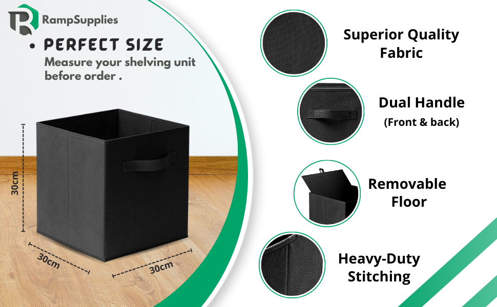 RampSupplies Black Foldable Storage Cubes with Handles, 30cm x 30cm x 30cm,Fabric Storage Boxes ...