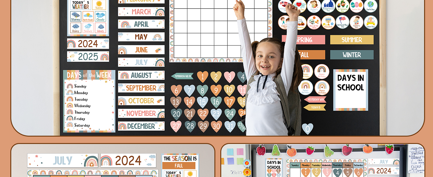 Amazon.com : Qyeahkj Boho Rainbow Classroom Calendar Set Bulletin Board ...