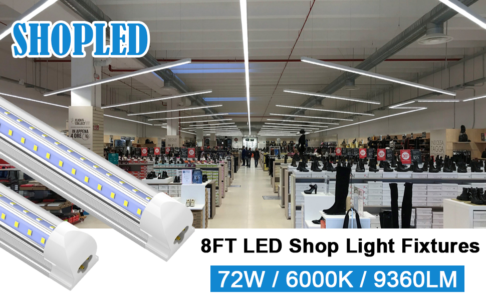 SHOPLED 8FT LED Shop Light, 72W 9360LM 6000K, V Shape ETL Certified T8 LED Tube Light, 8 Foot ...