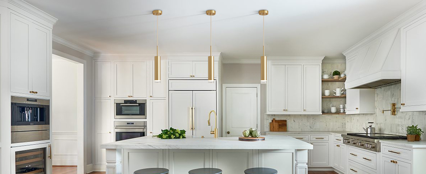 KCO Lighting Industrial Gold LED Long Tube Pendant Light Mid Century Modern Bushed Brass Mini ...