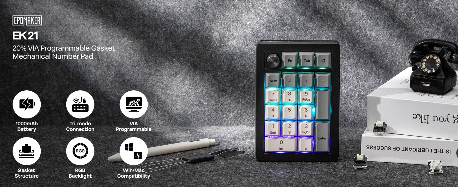 EPOMAKER EK21 Via Teclado numérico con Junta, 1000mAh, BT5.0/2.4GHz/cableado, Hot-Swap, Perilla ...