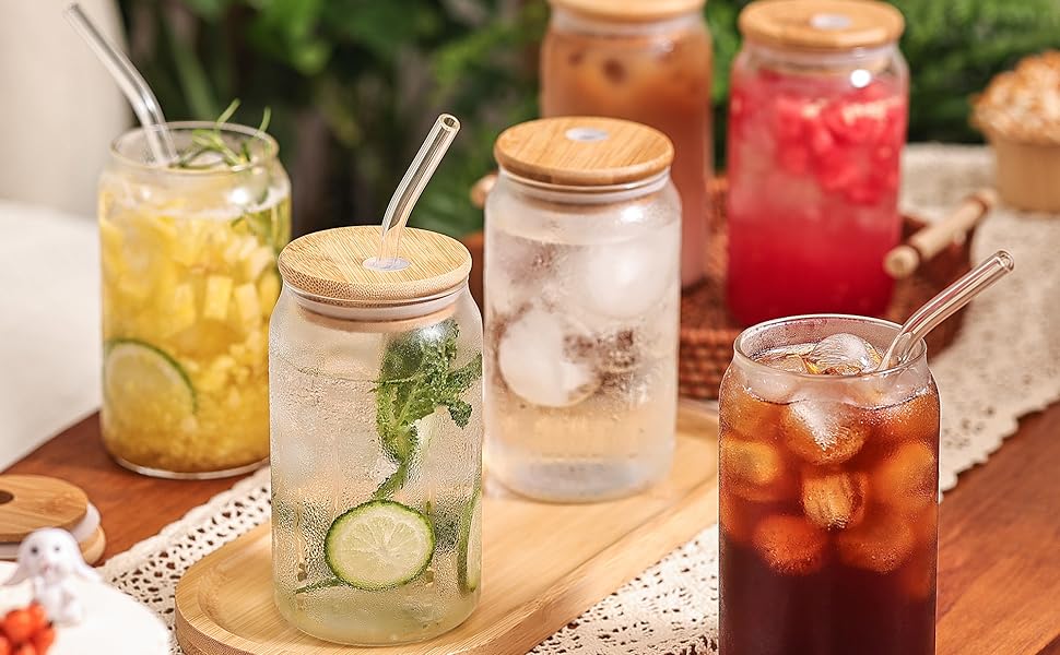Amazon.com: DONGSHANGIFT Glass Cups with Lids and Straws 4pcs-16 oz Can ...