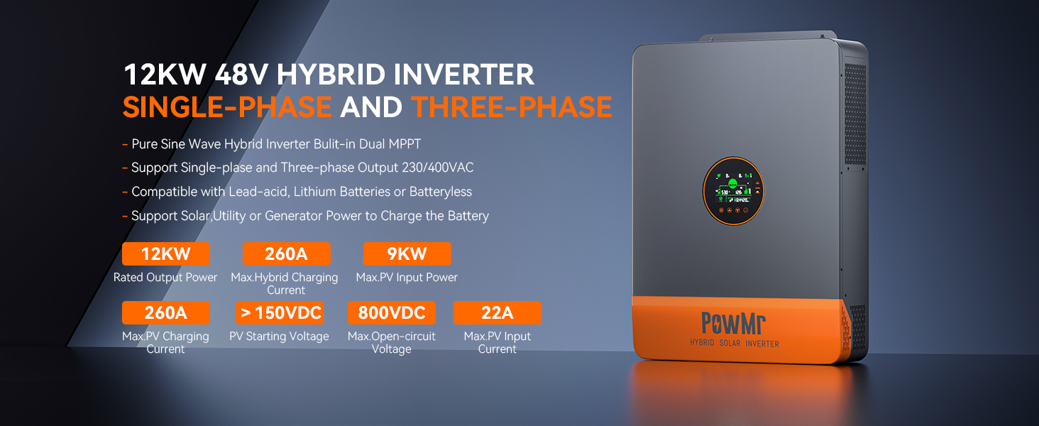 PowMr inverter ibrido 12kw 48V DC to 230/400V AC, 12kw inverter solare ibrido 48v trifase ...