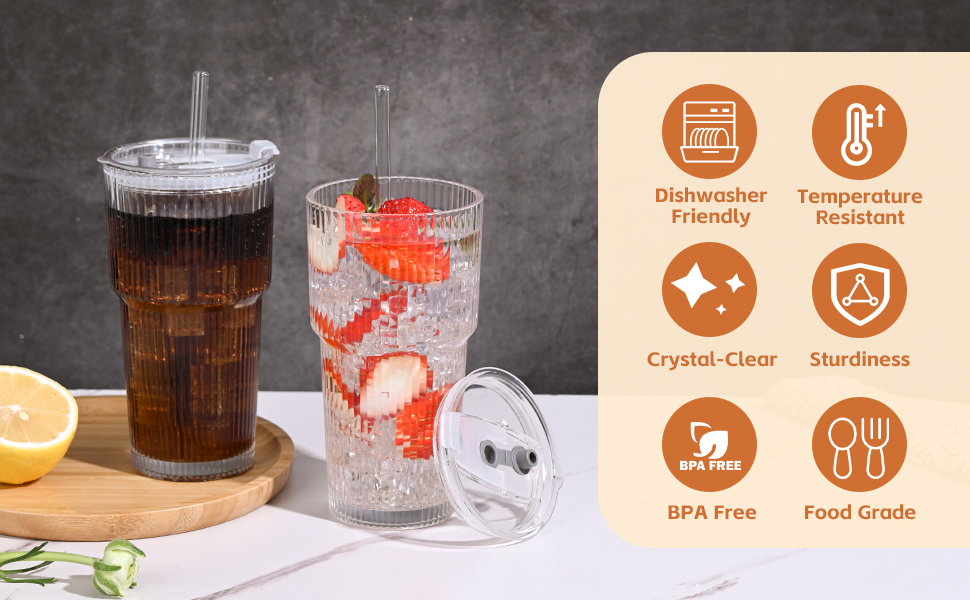 Amazon.com | AUFXKOO 20oz Ribbed Glass Cups with Lids and Straws,1PCS ...