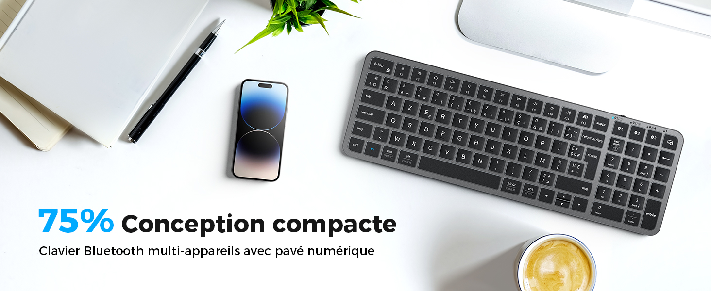 iClever Clavier Bluetooth, Clavier sans Fil Rechargeable USB-C, Multi-dispositifs avec 3 Canal ...