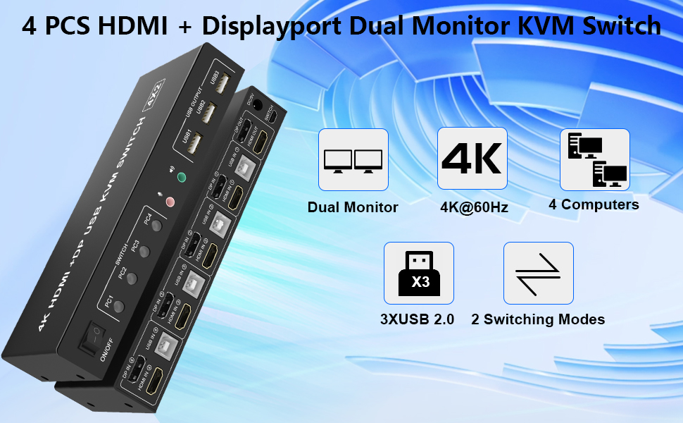 KVM Switch 2 Monitors 4 Computers Displayport + HDMI, 4K@60Hz Dual ...