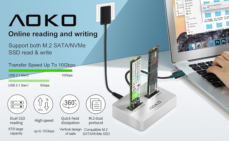 Amazon.com: AOKO Dual-Bay M.2 SSD Enclosure Docking Station, USB C to ...