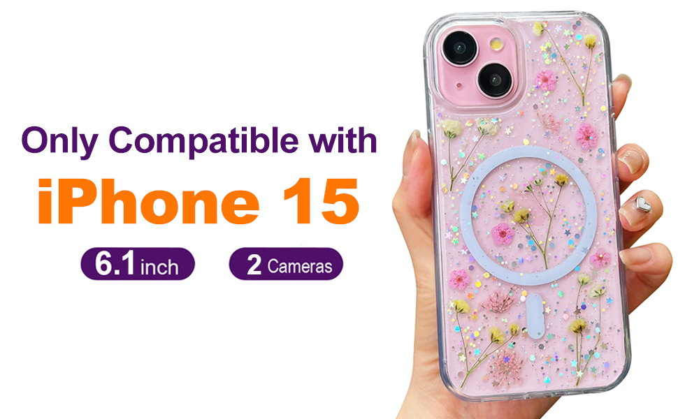 Amazon.com: ASONCE Real Flowers for iPhone 15 Case Cute,Clear Glitter Magnetic Phone Cover with ...