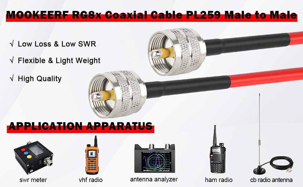 Amazon.com: MOOKEERF MOOKEER RG8x Jumper Cable 2ft,2 Pack PL259 Jumper Cable,CB Coax Cable 50 ...
