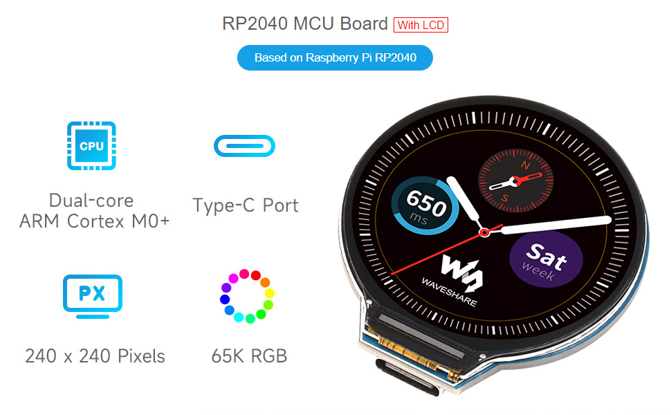 Waveshare RP2040 MCU Board with 1.28inch Round LCD Accelerometer and Gyroscope Sensor : Amazon ...