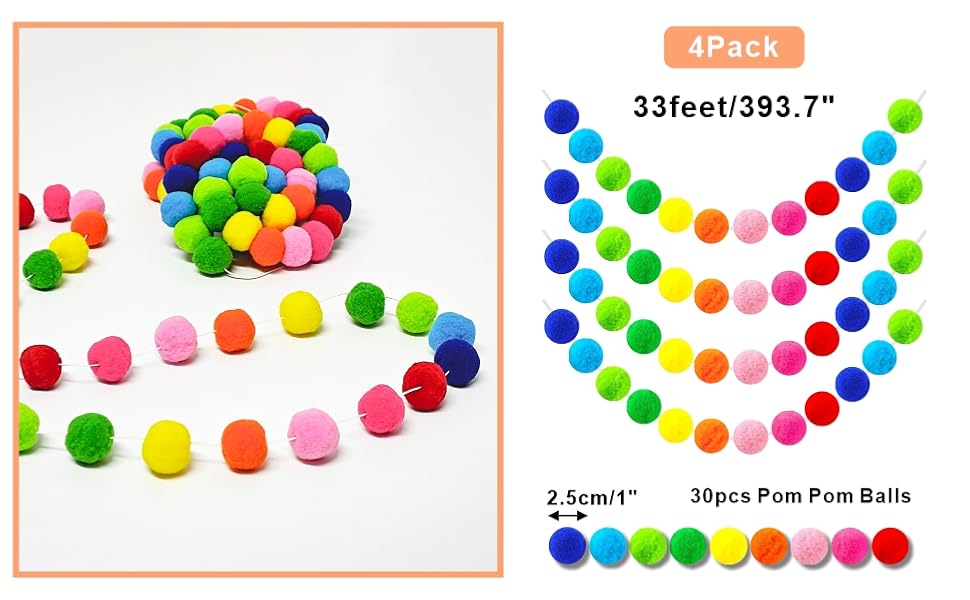 Amazon.com: 4 Pack Total 33 Feet Colorful Pom Pom Garlands Back to ...