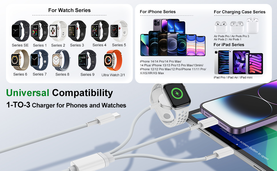 Amazon.com: 3 in 1 for Apple Watch Charger, for iPhone Watch Charger, USB C to Lightning Cable ...