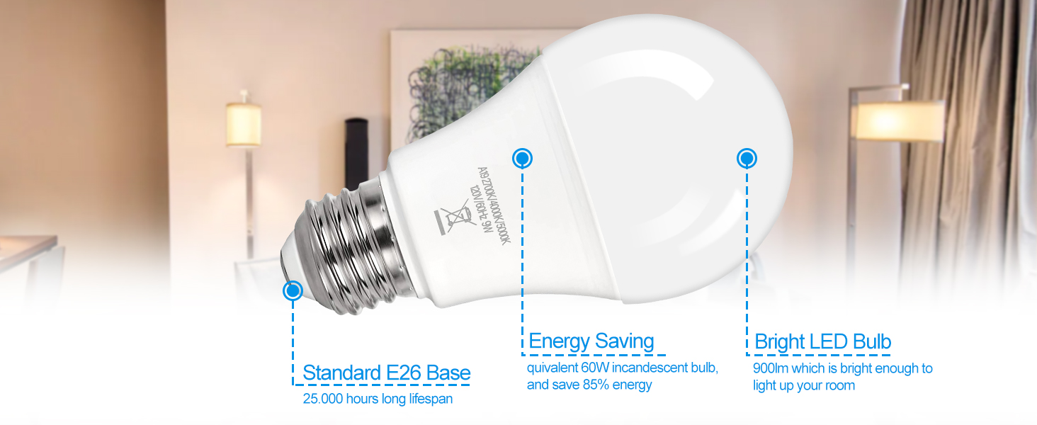 Amazon.com: PARTPHONER A19 LED Light Bulbs, 60W Equivalent Efficient 9W LED Bulb, 3 Color Light ...