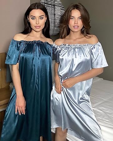 Ekouaer Women's Satin Silk Pleated Nightgown Loose Sleepwear Printed Nightshirt Short Sleeve ...