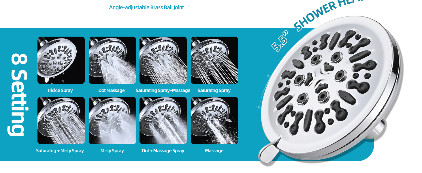 Double Shower Head with Built-in 2 Shut Off Valve Shower Splitter, High Pressure 8 Setting Dual ...