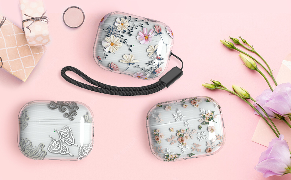 Delidigi Klar AirPods Pro 2 Hülle Weich TPU Florales Design Case Cover mit Schlüsselband für ...